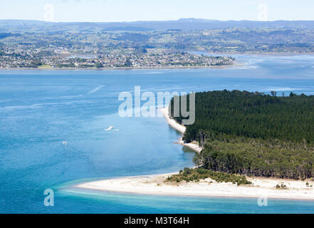 The aerial view of Matakana island from Mount Maunganui resort town ...
