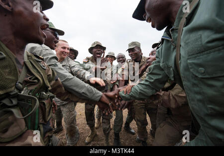Gabonese Armed Forces soldiers cheer alongside U.S. military during a ...