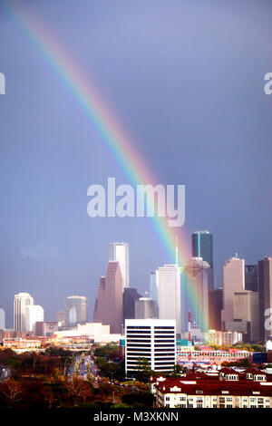 Rainbow over Houston skyline downtown, USA - Texas Stock Photo - Alamy