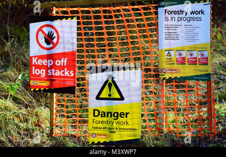 Danger Forestry work warning signs in a forest in Sussex Stock Photo ...