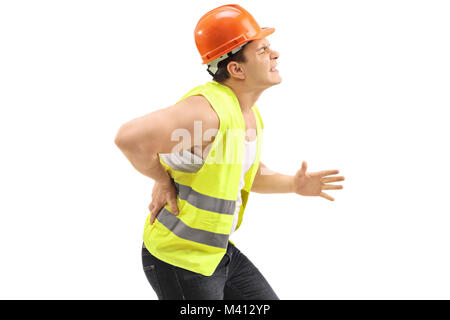Male construction worker experiencing severe back pain isolated on ...