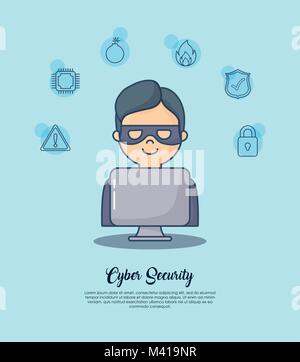 hacker man computer cybersecurity data protection vector illustration ...