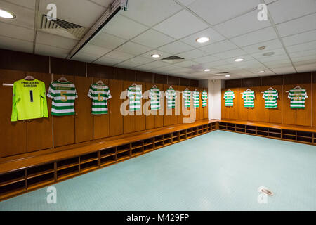 Football strips hanging inside home dressing room at Celtic Park home ...