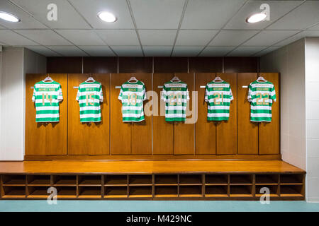 Football strips hanging inside home dressing room at Celtic Park home ...