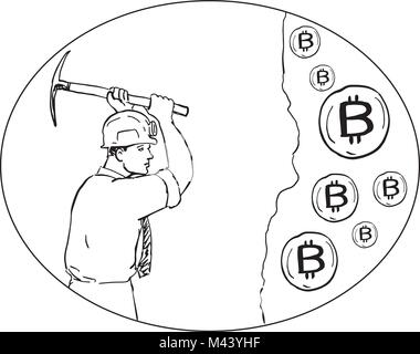 Drawing sketch style illustration of bitcoin miner mining digging with ...