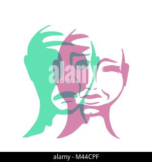 Multiple personality. Mask of a man vector illustration. Confrontation ...