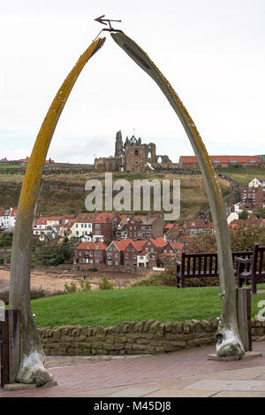 Whitby Whale Bone Arch and Abbey at sunrise - Yorkshire, England, UK ...