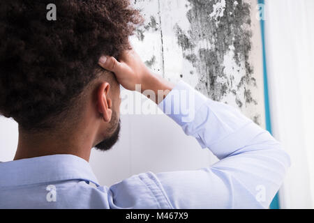 Rear view of painter man looking at white wall, with paint roller and ...