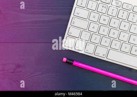 Computer keyboard and stationery on color background, flat lay ...