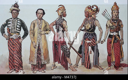 Clothing, fashion in Java, Javanese costumes, from the left, a ...