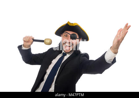 Pirate businessman holding the microphone isolated on white Stock Photo ...