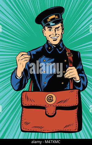 Friendly retro postman in blue uniform with bag Stock Photo - Alamy