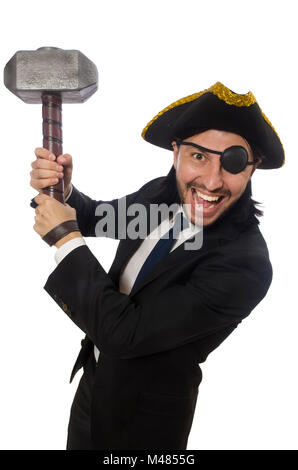 Pirate businessman holding hammer isolated on white Stock Photo - Alamy