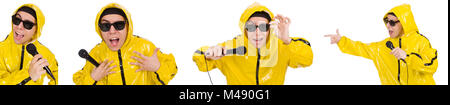Funny performer with mic isolated on the white Stock Photo - Alamy