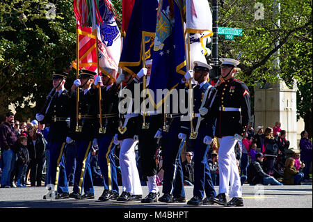 Joint Service Color Guard (honor guard) marching in parade - USA Stock ...