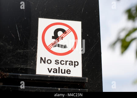 'No scrap value" notices on the back of road signs in Hackney Stock ...
