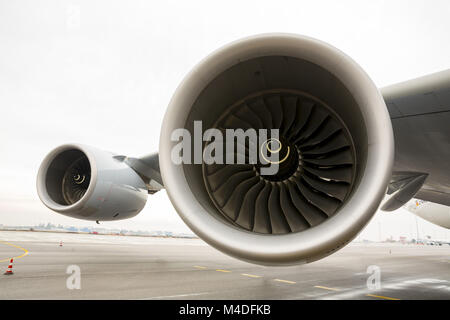 JET ENGINES AND WING OF AN AIRBUS A380 BELONGING TO EMIRATES AIRLINE ...