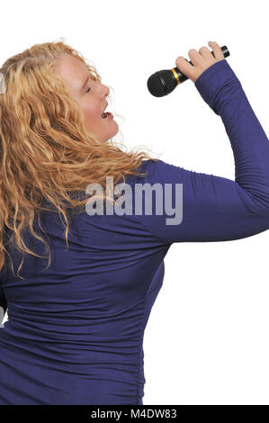 Middle age woman musician singing song playing spanish guitar at music ...
