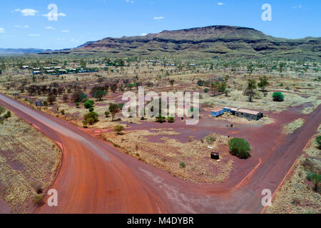 Aerial view over the abandoned asbestos mining town of Wittenoom ...