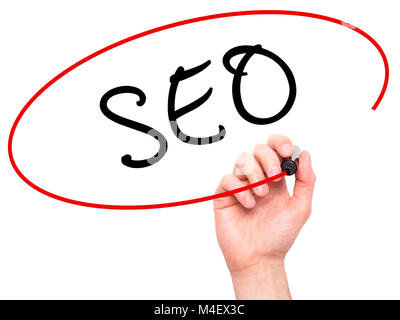 Man Hand writing SEO with marker on transparent wipe board. Isolated on ...