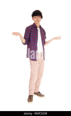Portrait of man gesturing do not know sign against white background ...