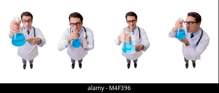 Funny doctor with blue liquid isolated on white Stock Photo - Alamy