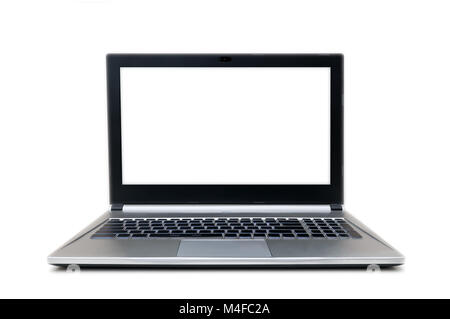 front view af isolated grey and black laptop with green screen Stock ...