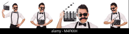 Whiskered man with clapperboard holding isolated on white Stock Photo ...