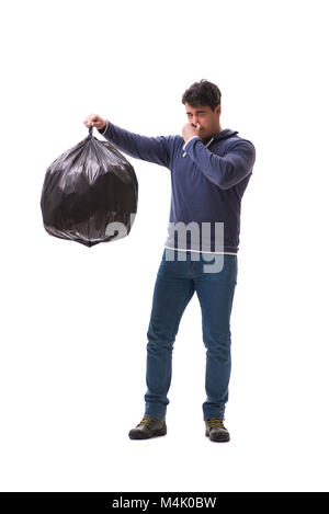 Man with garbage sack isolated on white Stock Photo - Alamy