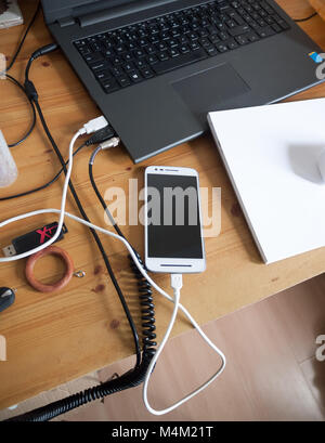 A messy study table of student with electronic devices and study stuffs ...