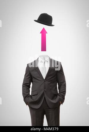 Headless man with surreal floating hat and balloons in front of sky ...