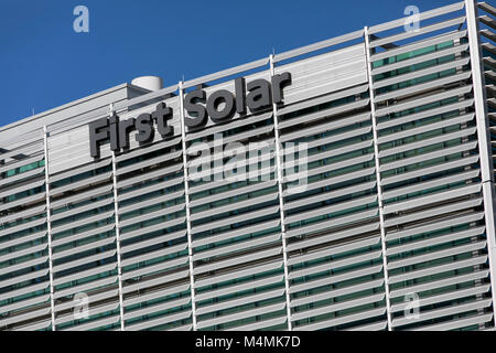 A logo sign outside of the headquarters of First Solar, Inc., in Tempe ...