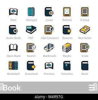 Ebook icons set. Outline set of ebook vector icons neon color on black ...