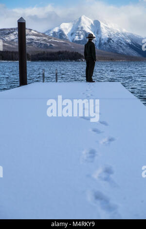 View from Apgar of a boat and Lake McDonald in Glacier National Park ...