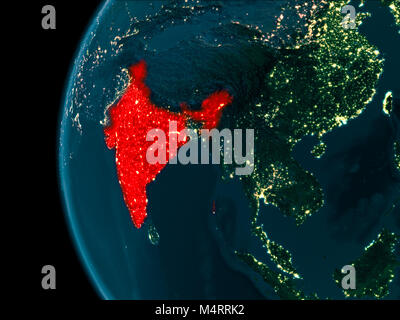 India from orbit of planet Earth at night with highly detailed surface ...