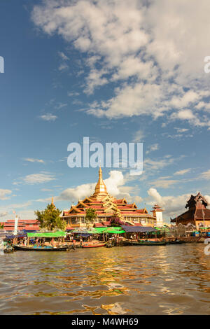 Tha Lay: temple pagoda Phaung Daw Oo Paya, boat, canal, bridge, Inle ...