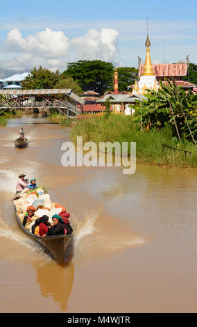 Ywama: canal, bridge, boat, golden stupa, Inle Lake, Shan State ...