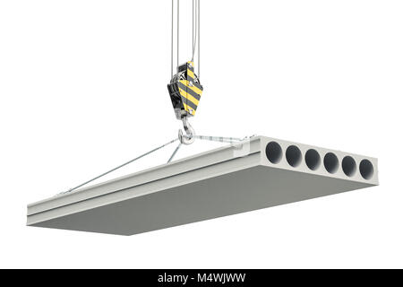 3d rendering of concrete slab hanging on a hook with two ropes isolated ...