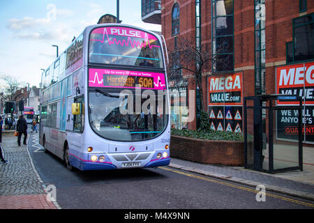 First Bus Double Decker Bus leaving Leeds Bus Station Stock Photo - Alamy