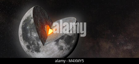 Moon structure, crust, mantle, core, in front of a star field Stock ...