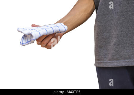 Man hand holding handkerchief or Table wipes isolated on white ...