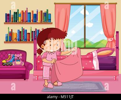 Little girl making bed illustration Stock Vector Image & Art - Alamy