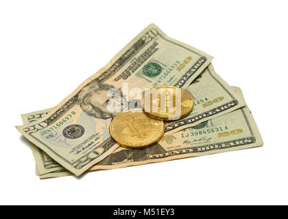 Bitcoins on the US dollar background Stock Photo - Alamy