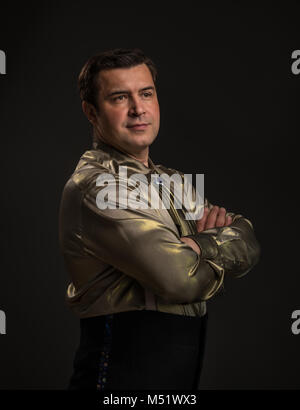 Showman on black background Stock Photo - Alamy