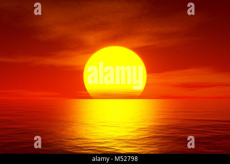 Red beautiful sunset over ocean with red sky and amazing sea with waves ...
