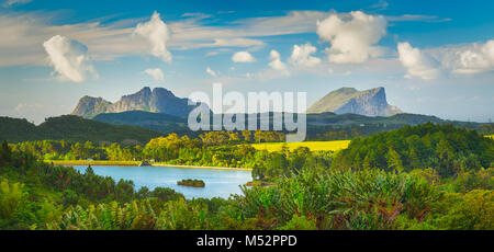 View of a lake and mountains. Mauritius. Panorama Stock Photo - Alamy