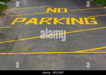 No Parking sign written on road next to double yellow lines Stock Photo ...