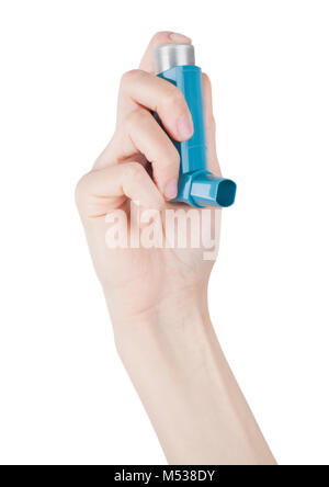 A person holds a Metered-Dose Inhaler above a cup containing a dark ...