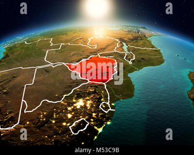 Sunrise above Zimbabwe highlighted in red on model of planet Earth in space. 3D illustration ...