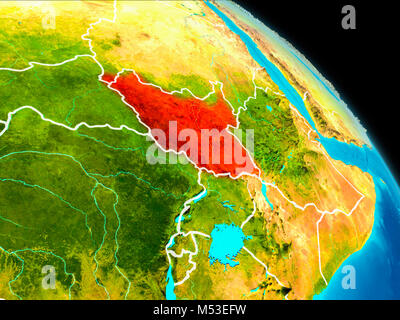 Space orbit view of South Sudan highlighted in red on planet Earth at night with visible country ...